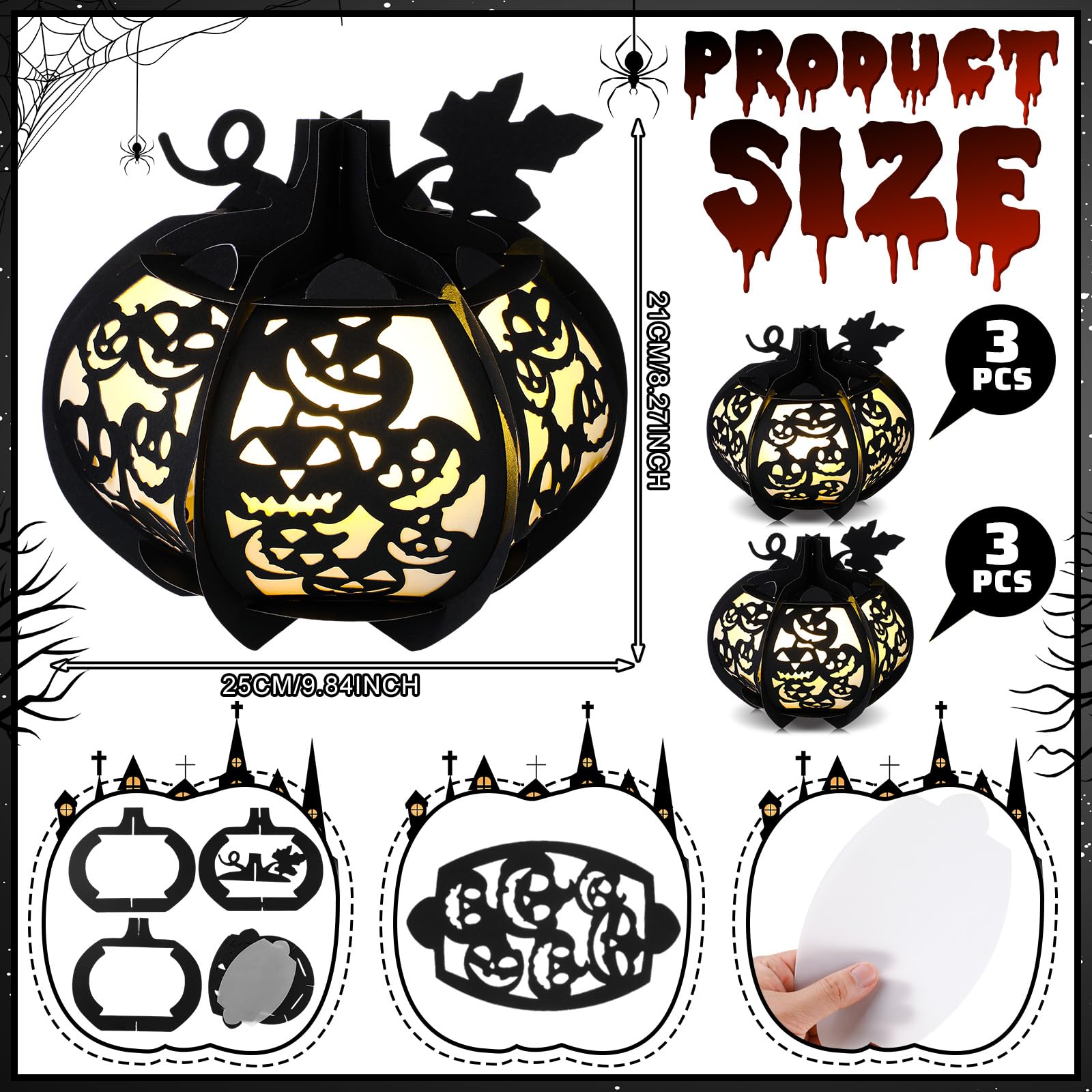 6 Pack Black Halloween Pumpkins Table Centerpieces Lanterns Paper Jack O Lantern Boxes Flameless Candle Light Handmade DIY Table Decor for Halloween Table Decoration Party Supplies 8.27 x 9.84 inch