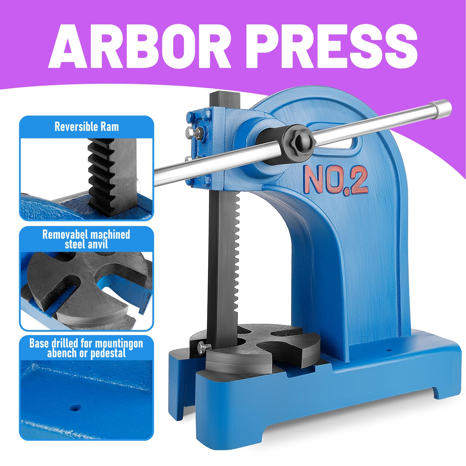 Manual Arbor Press, 2 Ton Manual Arbor Press, 8.5" Maximum Height, 57 lbs Weight Cast Iron Heavy-duty Manual Desktop Arbor Press, Precision Hand Press for Stamping, Bending, Stretching, (Blue)