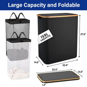 Double Laundry Hamper with Lid, Divided Large Laundry Basket with Removable Bags, 2 Section Foldable Dirty Clothes Basket with Handles for Bathroom, Bedroom & Laundry Room, 150L (Black)