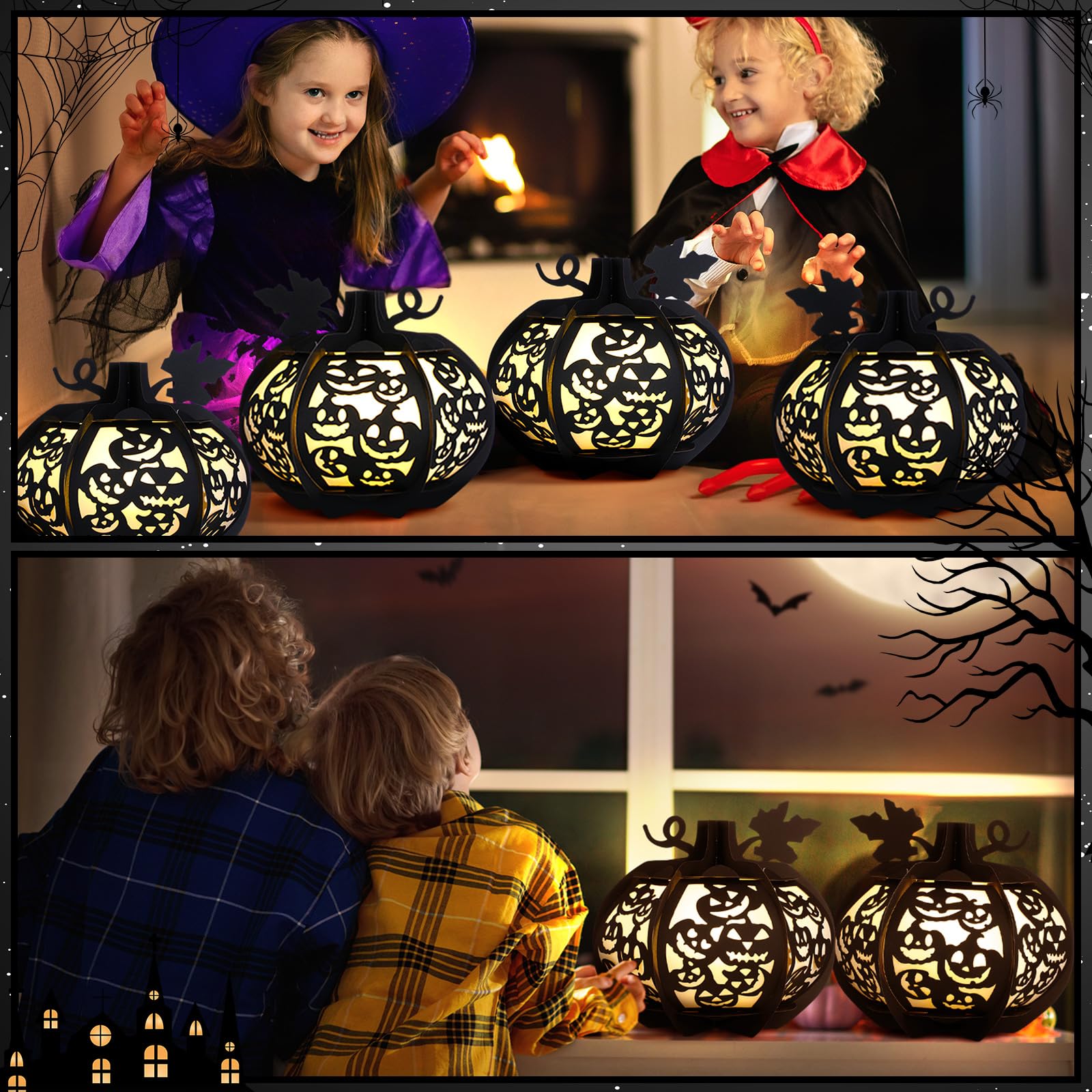 6 Pack Black Halloween Pumpkins Table Centerpieces Lanterns Paper Jack O Lantern Boxes Flameless Candle Light Handmade DIY Table Decor for Halloween Table Decoration Party Supplies 8.27 x 9.84 inch