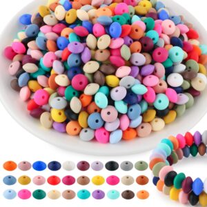 kovict 300pcs 12mm silicone lentil beads, silicone spacer beads for necklace bracelet making, abacus silicone beads for keychain making and silicone focal beads for pens craft(multicolor)