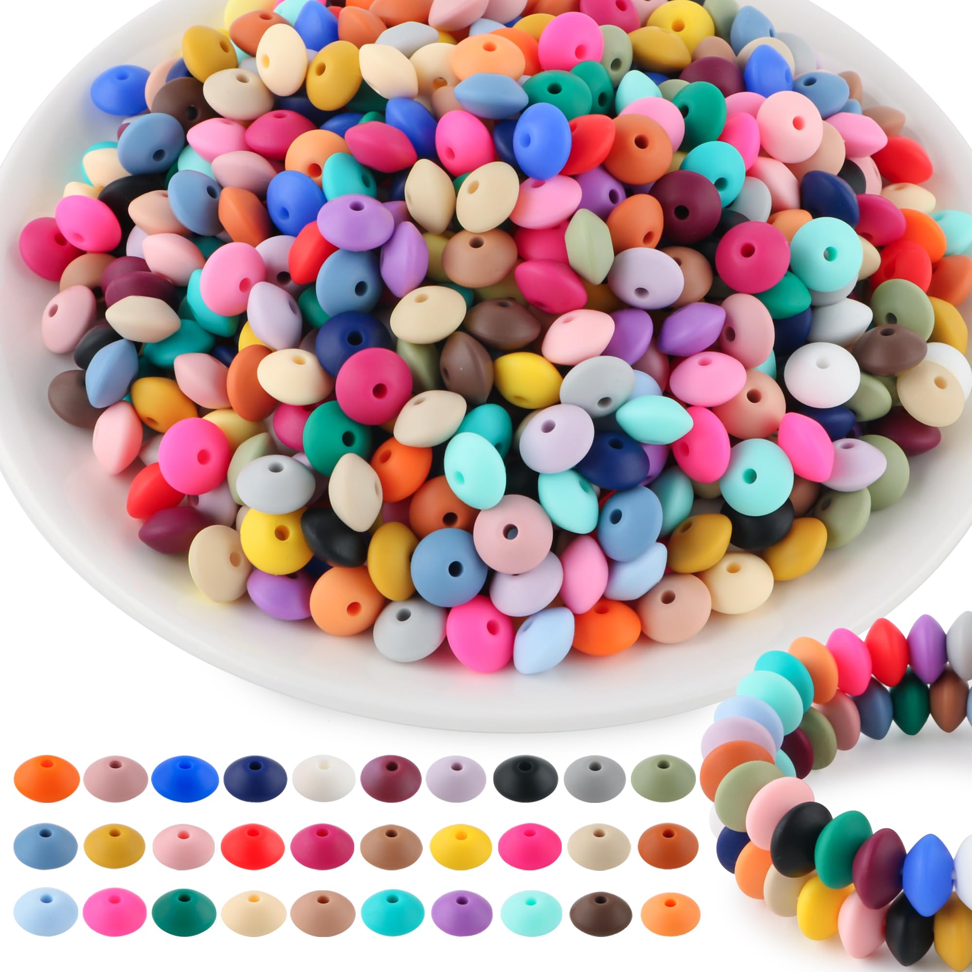 Kovict 300Pcs 12mm Silicone Lentil Beads, Silicone Spacer Beads for Necklace Bracelet Making, Abacus Silicone Beads for Keychain Making and Silicone Focal Beads for Pens Craft(Multicolor)