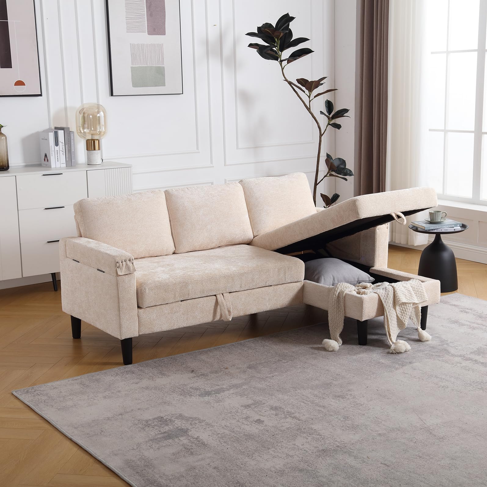 Sectional Couch with Pull Out Sofa Bed, Sleeper Sofa with Side Table and Storage Chaise, L Shape Sofa Bed Couch with Pocket, Convertible Couches for Living Room Bedroom Apartment, Beige