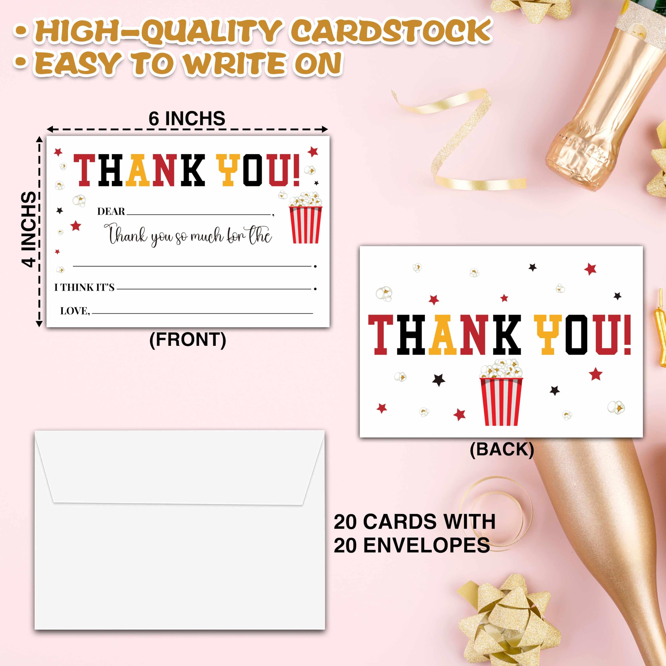 Chuxvon Kids Thank You Cards Fill in the Blank, Popcorn Thank You Cards, Movie Night Greeting Cards, Thank You Notes For Boys Girls, Birthday Party Decorations Favors (20 Cards With 20 Envelopes) -03