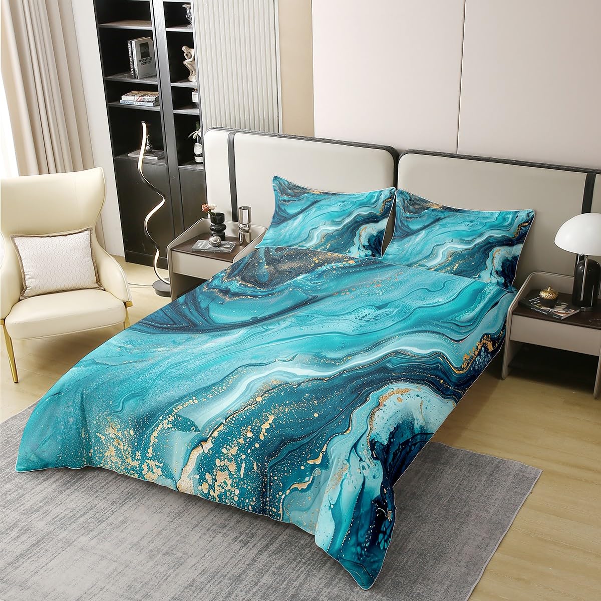 Erosebridal Marble 100% Natural Cotton Duvet Cover,Teal Blue Marble Comforter Cover for Kids Boys Girls,Gold Liquid Quicksand Design Bedding Set,Turquoise Tie Dye Bedspread Cover 3pcs King