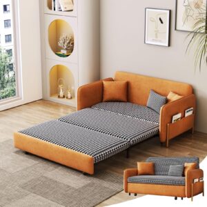 siu want 3 in 1 sleeper sofa couch bed, convertible pull out couch with storage, orange folding loveseat with 3 pillows, side pockets, velvet sofa bed for living room - 55.3in