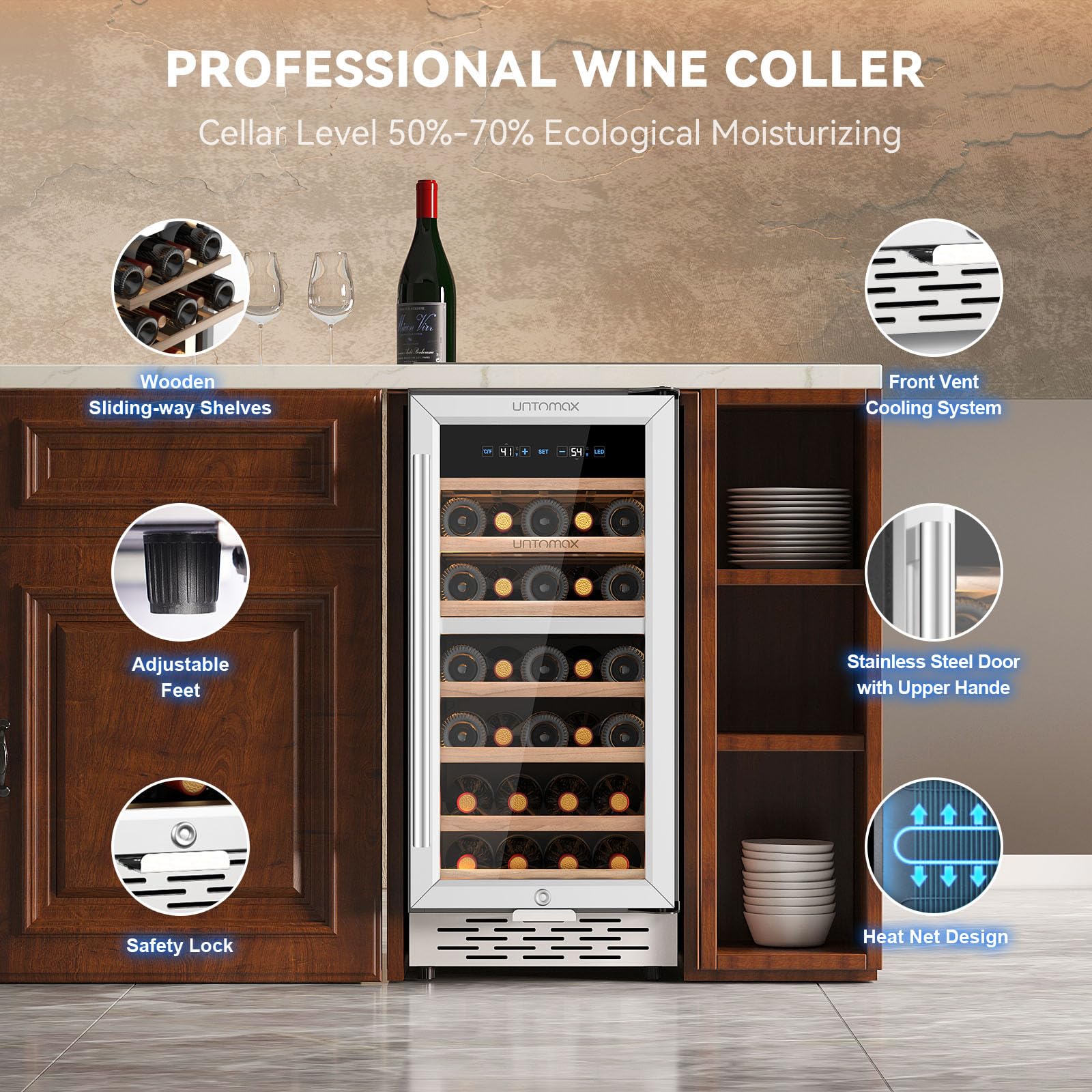 UNTOMAX 33 Bottles Wine Fridge Dual Zone Wine Cooler Refrigerator, 41-68℉ Freestanding Wine Cellar Built In for Red/White/Champagne, Temperature Memory Quiet Compressor Kitchen/Office, Stainless Steel