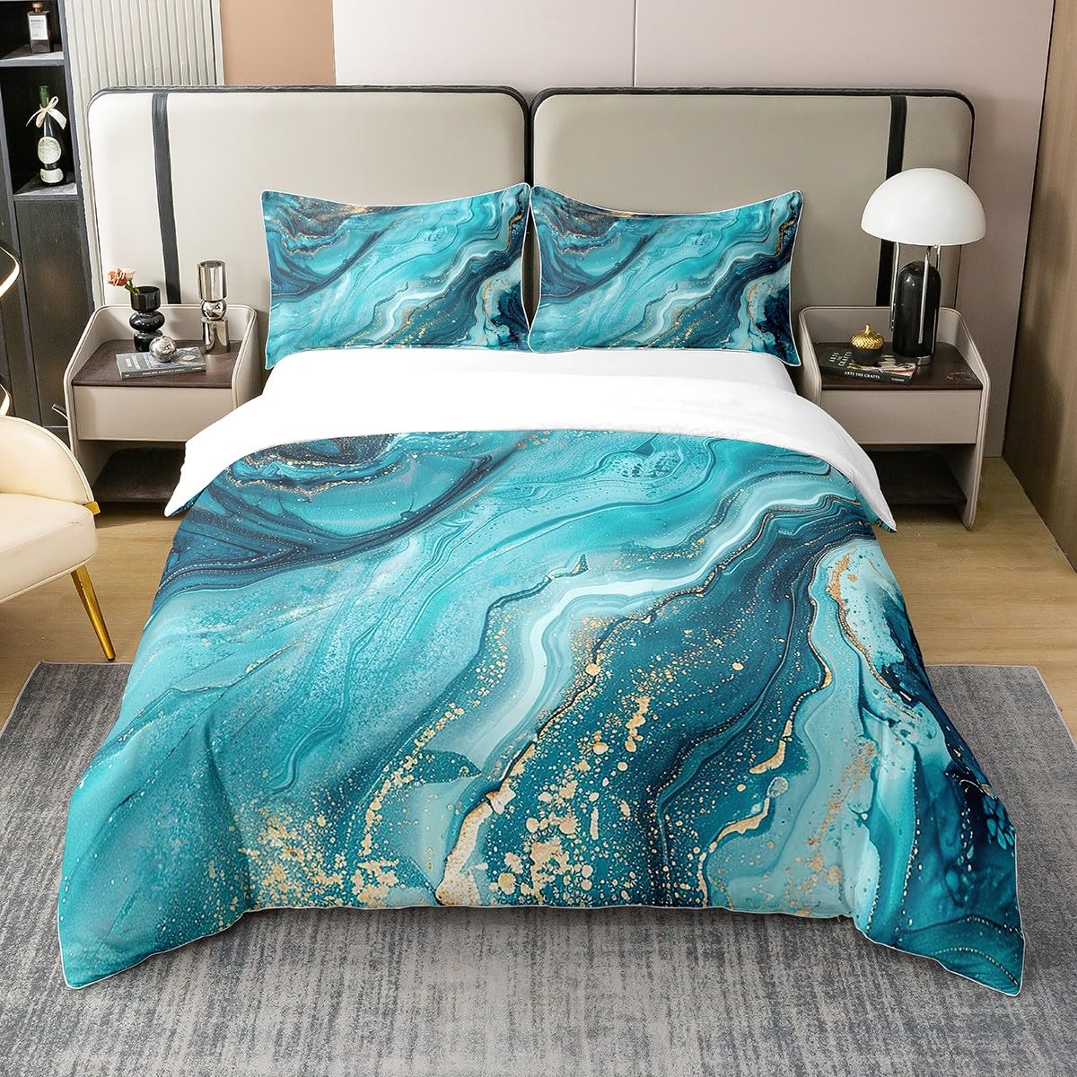 Erosebridal Marble 100% Natural Cotton Duvet Cover,Teal Blue Marble Comforter Cover for Kids Boys Girls,Gold Liquid Quicksand Design Bedding Set,Turquoise Tie Dye Bedspread Cover 3pcs King