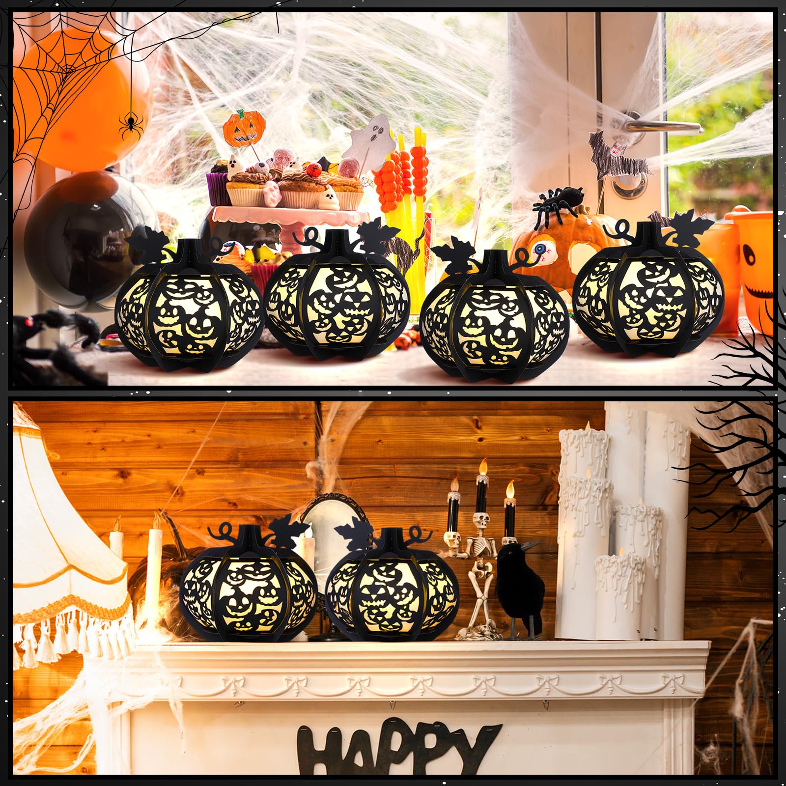 6 Pack Black Halloween Pumpkins Table Centerpieces Lanterns Paper Jack O Lantern Boxes Flameless Candle Light Handmade DIY Table Decor for Halloween Table Decoration Party Supplies 8.27 x 9.84 inch