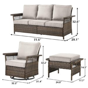 Pugire Outdoor Wicker Patio Furniture Set - 5 Piece Rattan Patio Conversation Sets with 2 Rocking Swivel Chairs,2 Ottomans and 1 Sofa for Porch Deck Garden(Brown/Beige)