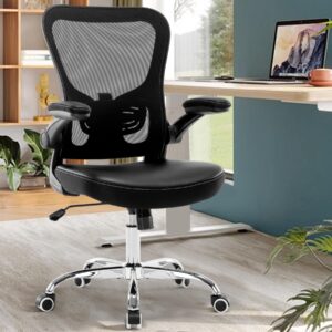 HOMIFYCO Ergonomic Office Chair with Lumbar Support, Adjustable PU Leather Computer Chair, Executive Desk Chair with Flip-up Arms, Breathable Mesh Back, Swivel Rolling Task Chair for Home Office Black