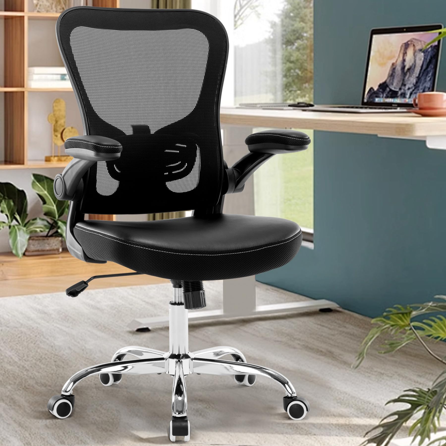 HOMIFYCO Ergonomic Office Chair with Lumbar Support, Adjustable PU Leather Computer Chair, Executive Desk Chair with Flip-up Arms, Breathable Mesh Back, Swivel Rolling Task Chair for Home Office Black