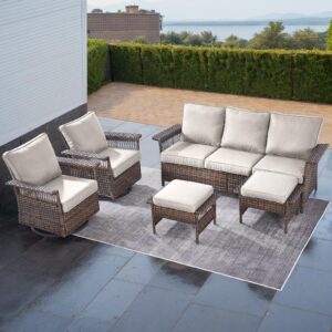 pugire outdoor wicker patio furniture set - 5 piece rattan patio conversation sets with 2 rocking swivel chairs,2 ottomans and 1 sofa for porch deck garden(brown/beige)