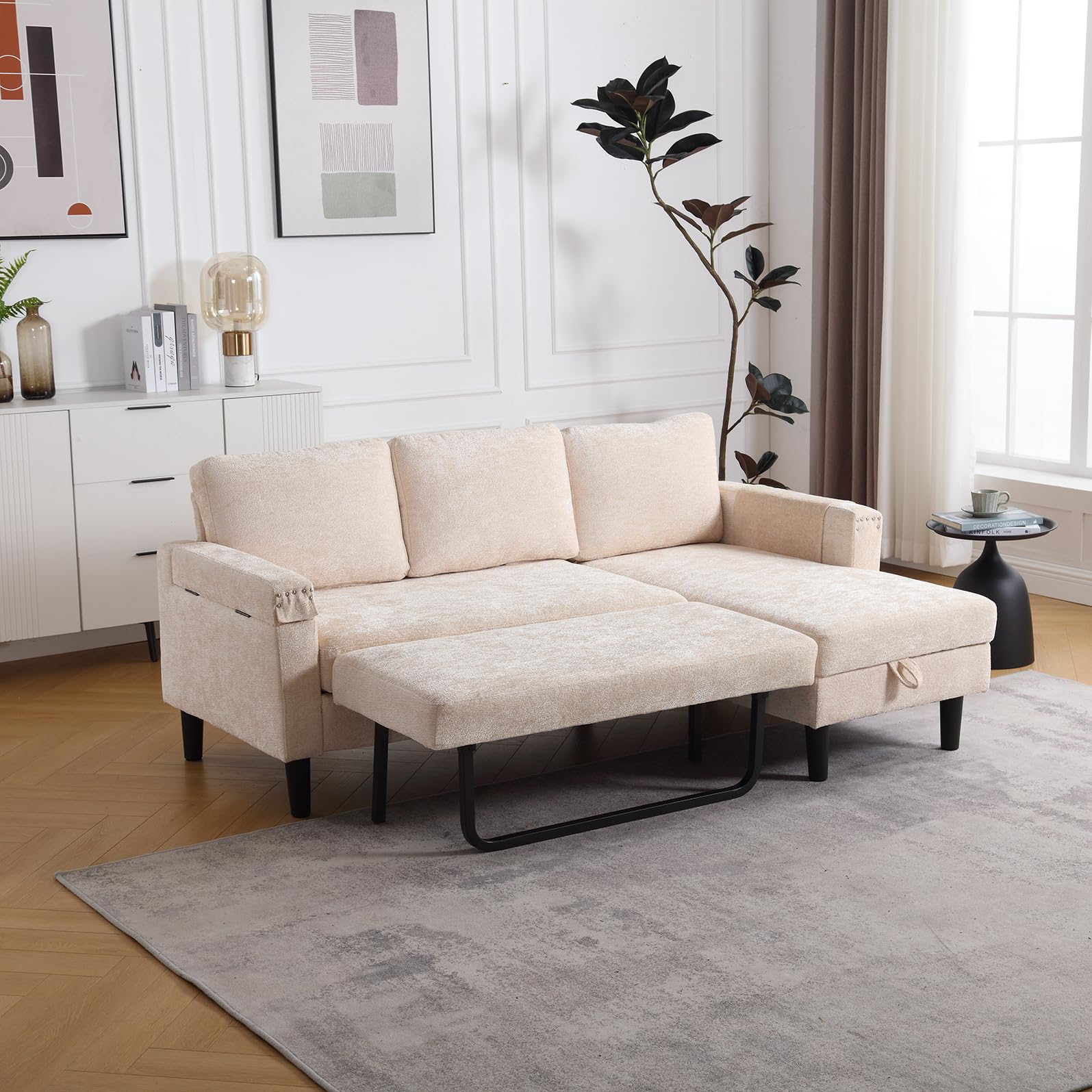 Sectional Couch with Pull Out Sofa Bed, Sleeper Sofa with Side Table and Storage Chaise, L Shape Sofa Bed Couch with Pocket, Convertible Couches for Living Room Bedroom Apartment, Beige