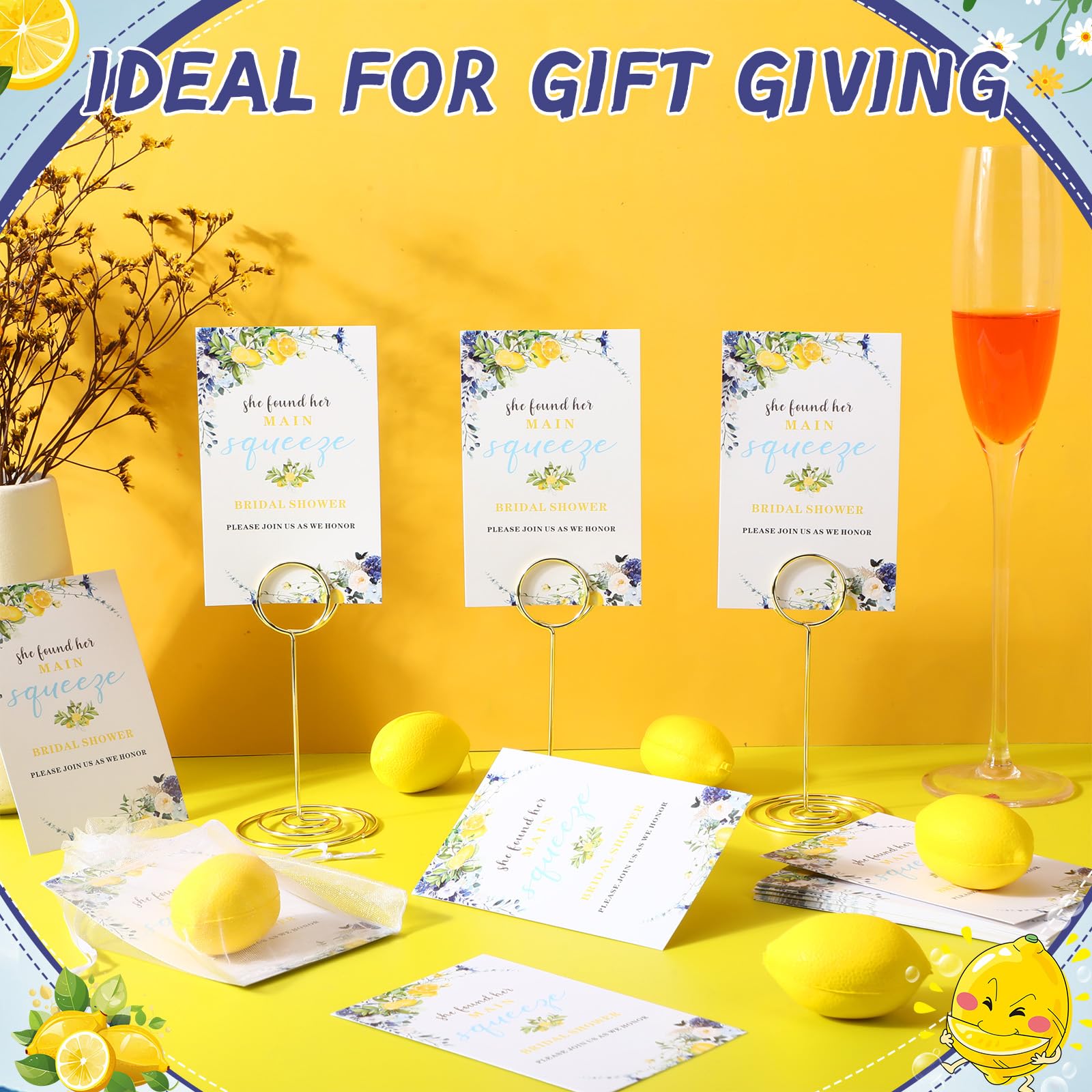 Foilswirl 48 Sets Lemon Themed Bridal Shower Party Gifts Lemon Foam Squeeze Stress Relief Balls with Cards and Organza Drawstring Bag Her Main Squeeze Wedding Game Prizes Gifts