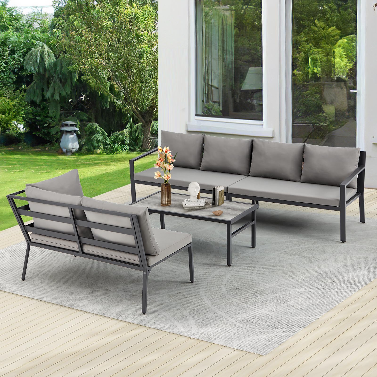 AECOJOY Aluminum Patio Furniture Set, Modern Outdoor Sectional Set, Patio Conversation Table and Chair Sets for Lawn, Backyard, and Deck with Grey Cushions