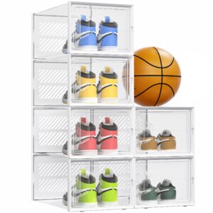 kuject xx-large highly transparent shoe boxes clear plastic stackable with lids for sneaker, shoe storage organizer container for display, shoe organizer for closet, fit size 13(14.41"x 9.88"x7.28")