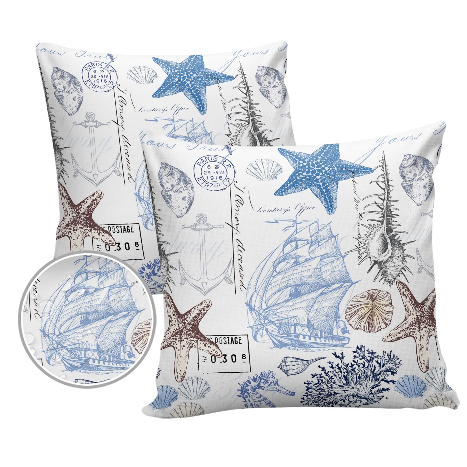 Outdoor Waterproof Pillow Covers Set of 2, Nautical Theme Marine Sail Boat Beach Starfish Shell Seashell Patio Throw Pillow Covers, Decorative Cushion Case for Couch Sofa Furniture Garden, 20x20 Inch