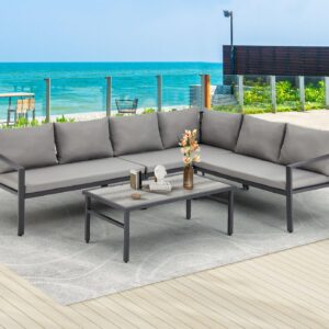 AECOJOY Aluminum Patio Furniture Set, Modern Outdoor Sectional Set, Patio Conversation Table and Chair Sets for Lawn, Backyard, and Deck with Grey Cushions