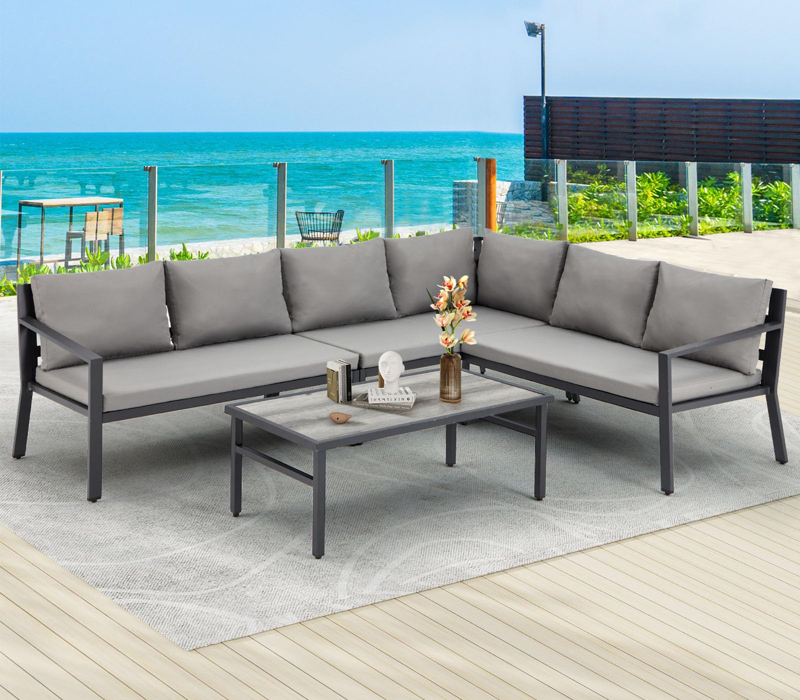 AECOJOY Aluminum Patio Furniture Set, Modern Outdoor Sectional Set, Patio Conversation Table and Chair Sets for Lawn, Backyard, and Deck with Grey Cushions