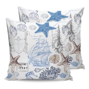 Outdoor Waterproof Pillow Covers Set of 2, Nautical Theme Marine Sail Boat Beach Starfish Shell Seashell Patio Throw Pillow Covers, Decorative Cushion Case for Couch Sofa Furniture Garden, 20x20 Inch