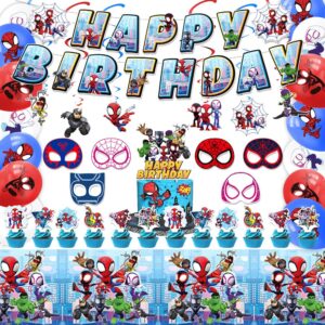 spidey party supplies set include banner, balloons, hanging swirls,cake topper, cupcake toppers, masks and tablecloth for party