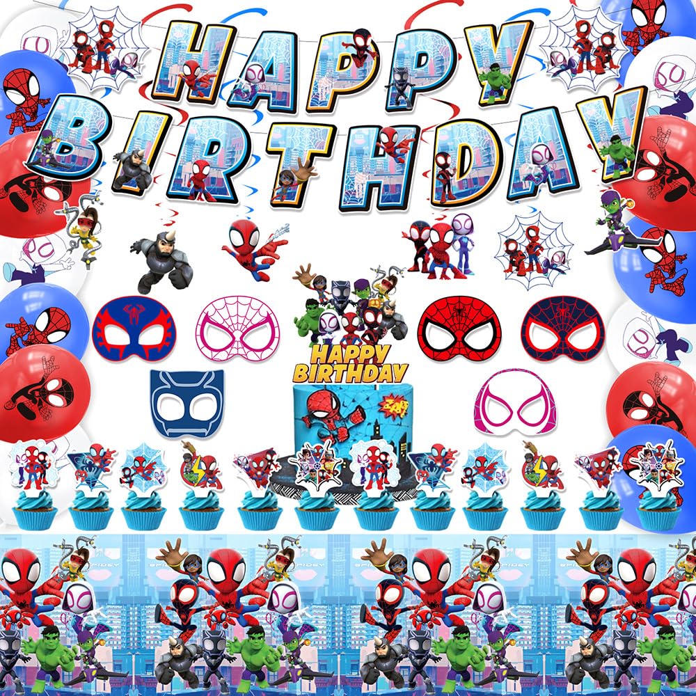 Spidey Party Supplies Set Include Banner, Balloons, Hanging Swirls,Cake Topper, Cupcake Toppers, Masks and Tablecloth For Party