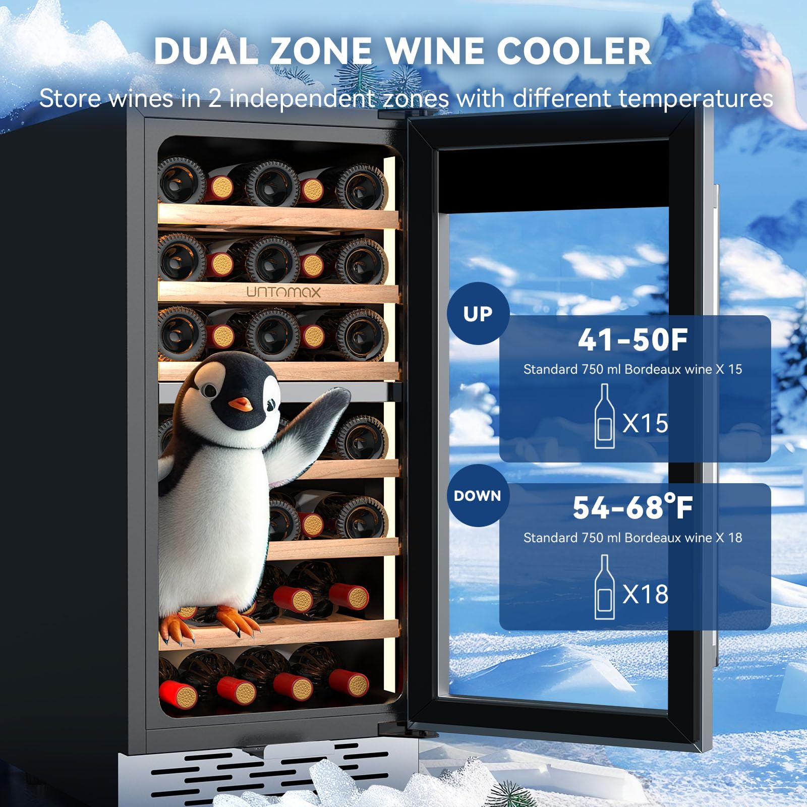 UNTOMAX 33 Bottles Wine Fridge Dual Zone Wine Cooler Refrigerator, 41-68℉ Freestanding Wine Cellar Built In for Red/White/Champagne, Temperature Memory Quiet Compressor Kitchen/Office, Stainless Steel