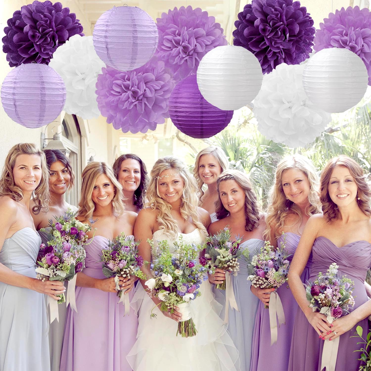 Purple-White Lavender Party Decorations Paper Flowers Lanterns - 15PCS Birthday Graduation Tissue Pom Poms Streamers, Baby Bridal Shower Wedding Retirement Bachelorette Hanging Supplies Decor Hugfond