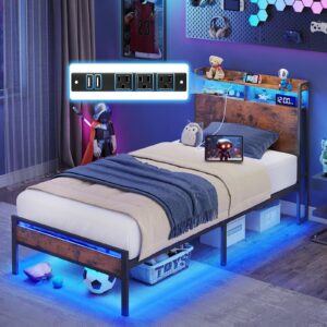 kkl twin bed frames, storage headboard with charging station, rgb light strips, solid and stable, noise free, no box spring needed, easy assembly, rustic brown