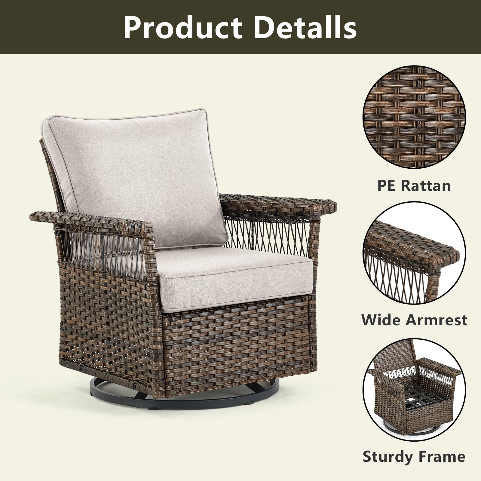 Pugire Outdoor Wicker Patio Furniture Set - 5 Piece Rattan Patio Conversation Sets with 2 Rocking Swivel Chairs,2 Ottomans and 1 Sofa for Porch Deck Garden(Brown/Beige)