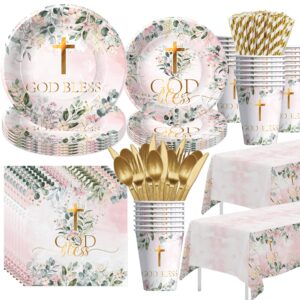 suhelkit god bless baptism plates and napkins girl - first communion decorations party tableware, plate, cup, napkin, tablecloth, cutlery, for christening celebration baby shower religious | serve 24