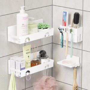 pavstine adhesive shower caddy 4 pack, shower organizer plastic shower shelf wall mounted shower rack for bathroom storage, with toothbrush holder&soap dish for home, kitchen, bath decor (white)