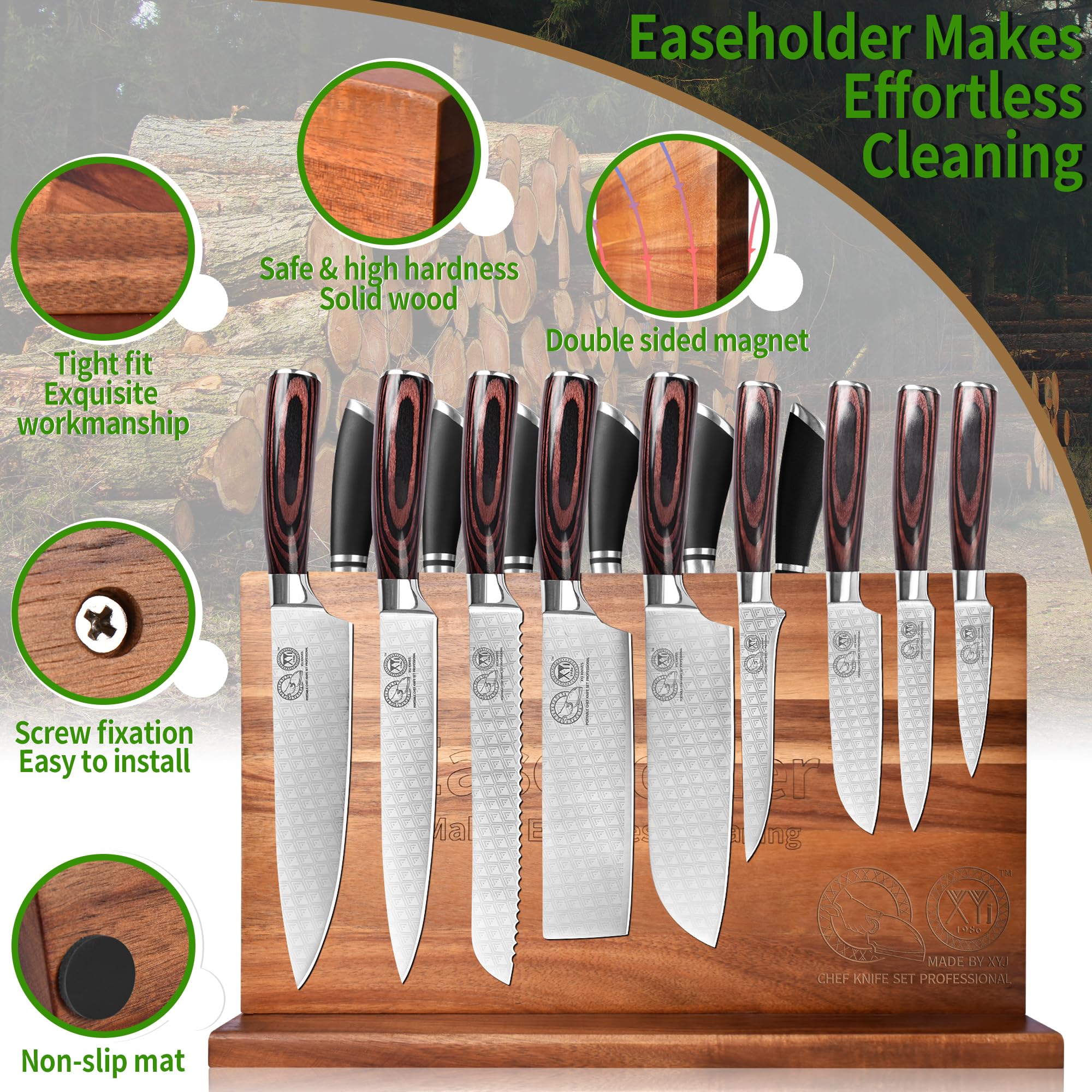 Easeholder Magnetic Knife Block Natural Wooden Double Side Knife Holder Stand with Strong Enhanced Magnets Mutifunctional Kitchen Cutlery Organization Storage Rack