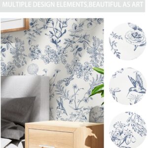 Safiyya Peel and Stick Wallpaper Floral Birds Contact Paper Blue and White Wallpaper Peel and Stick Modern Wallpaper Boho Wallpaper Removable Self Adhesive Wallpaper Vinyl Rolls 118"x17.3"