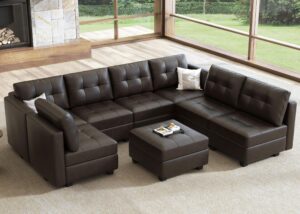 honbay modular sectional couch with storage, u shaped couch with ottomans and chaises faux leather 8-seater sectional sofa for living room, brown