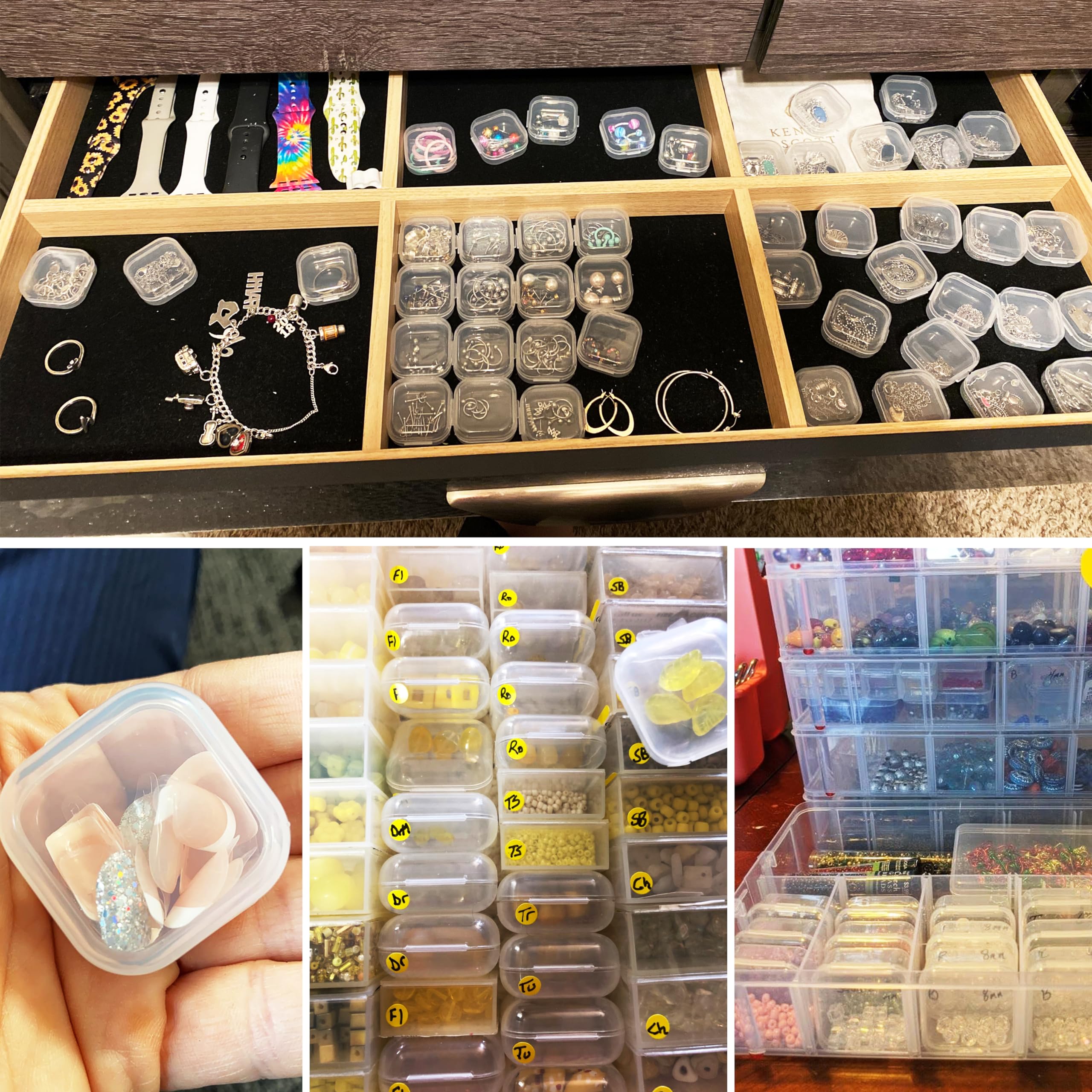 Honbay 50PCS Mini Square Storage Containers Plastic Clear Earplugs Organizer Case Small Bead Storage Box with Hinged Lid for Tiny Beads Jewelry Accessories Hardware Screws Nail Pills