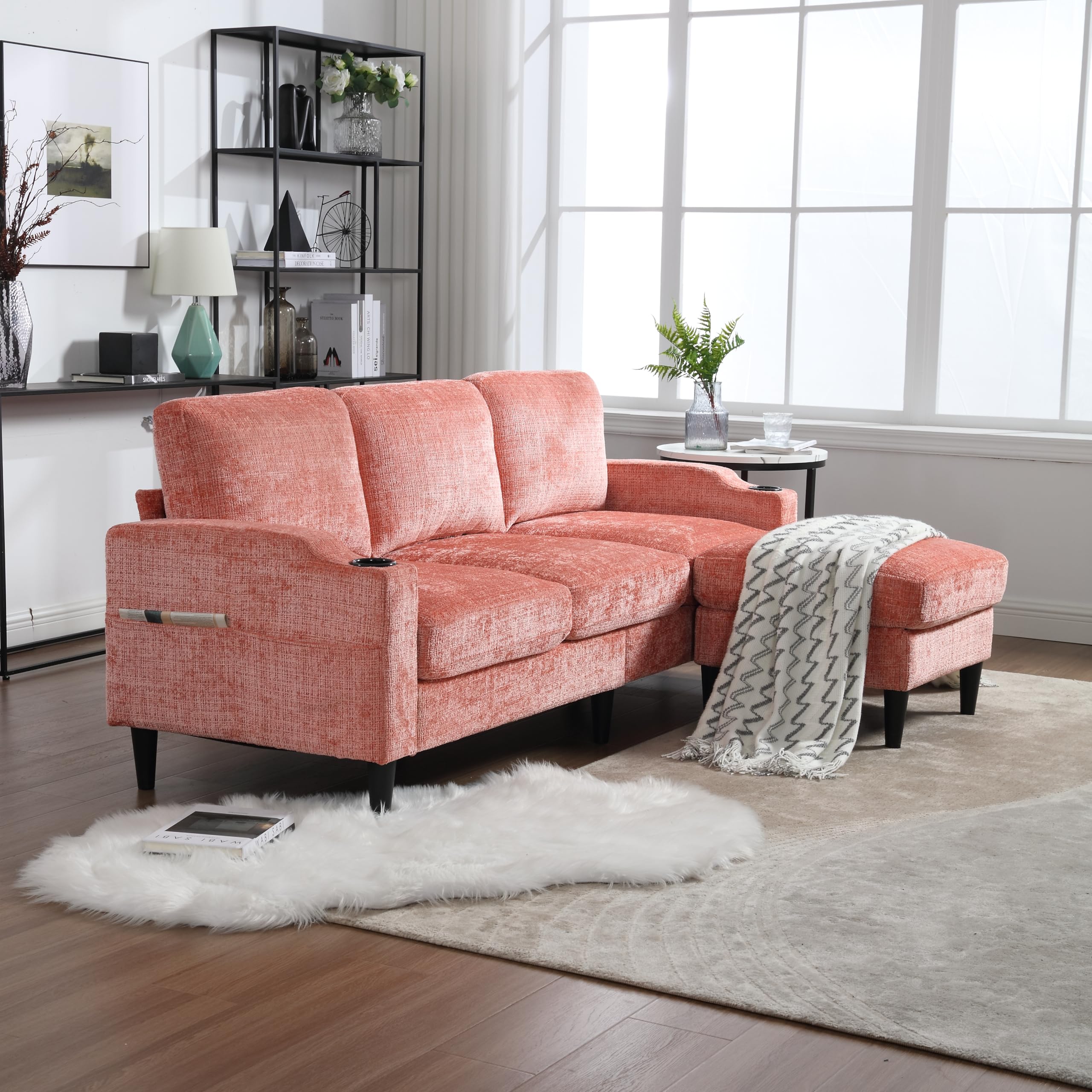 Klwenas Maec 77" Living Room Sectional Sofa, Convertible L Shaped 3-Seat Bench Sofa Couch with Storage Chaise Upholstered Couches,Comfy Polyester Upholstered Sofa Sleeper for Apartment, Office (Pink)