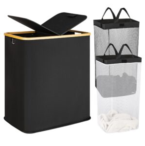 double laundry hamper with lid, divided large laundry basket with removable bags, 2 section foldable dirty clothes basket with handles for bathroom, bedroom & laundry room, 150l (black)