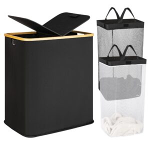 Double Laundry Hamper with Lid, Divided Large Laundry Basket with Removable Bags, 2 Section Foldable Dirty Clothes Basket with Handles for Bathroom, Bedroom & Laundry Room, 150L (Black)