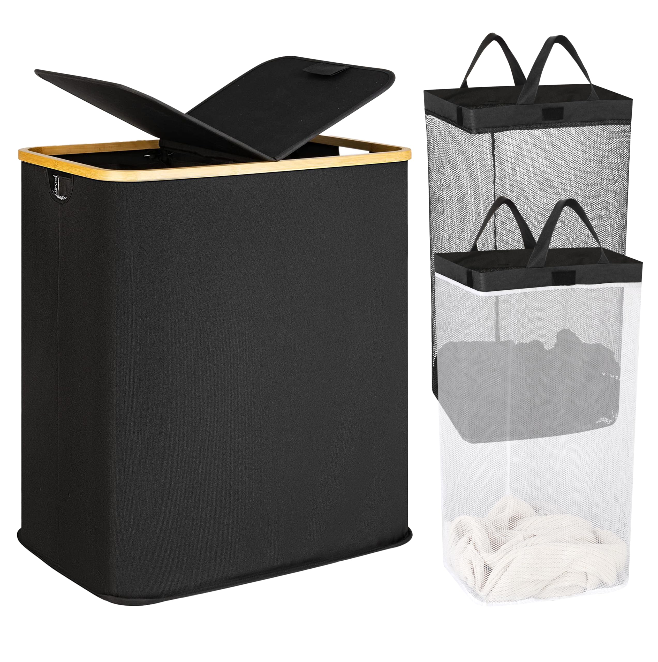 Double Laundry Hamper with Lid, Divided Large Laundry Basket with Removable Bags, 2 Section Foldable Dirty Clothes Basket with Handles for Bathroom, Bedroom & Laundry Room, 150L (Black)