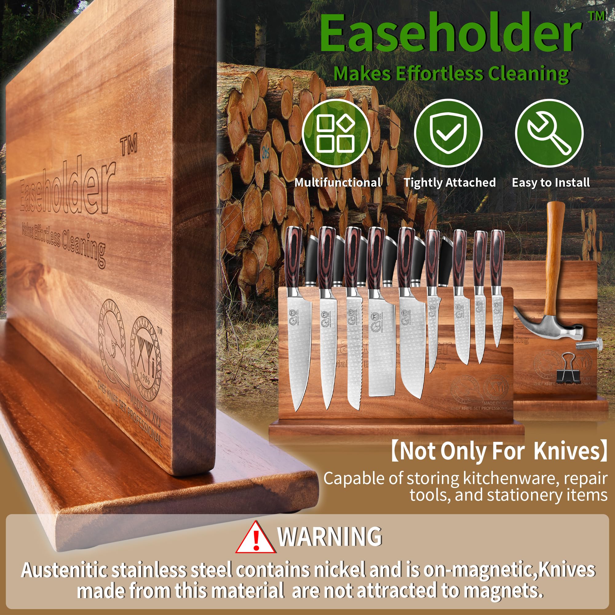 Easeholder Magnetic Knife Block Natural Wooden Double Side Knife Holder Stand with Strong Enhanced Magnets Mutifunctional Kitchen Cutlery Organization Storage Rack