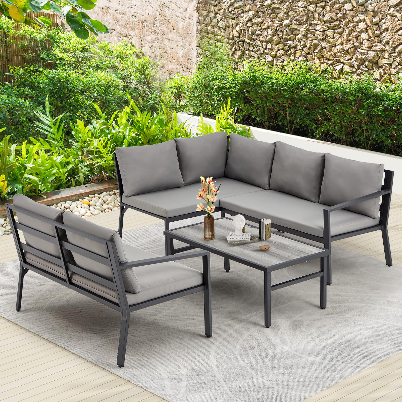 AECOJOY Aluminum Patio Furniture Set, Modern Outdoor Sectional Set, Patio Conversation Table and Chair Sets for Lawn, Backyard, and Deck with Grey Cushions