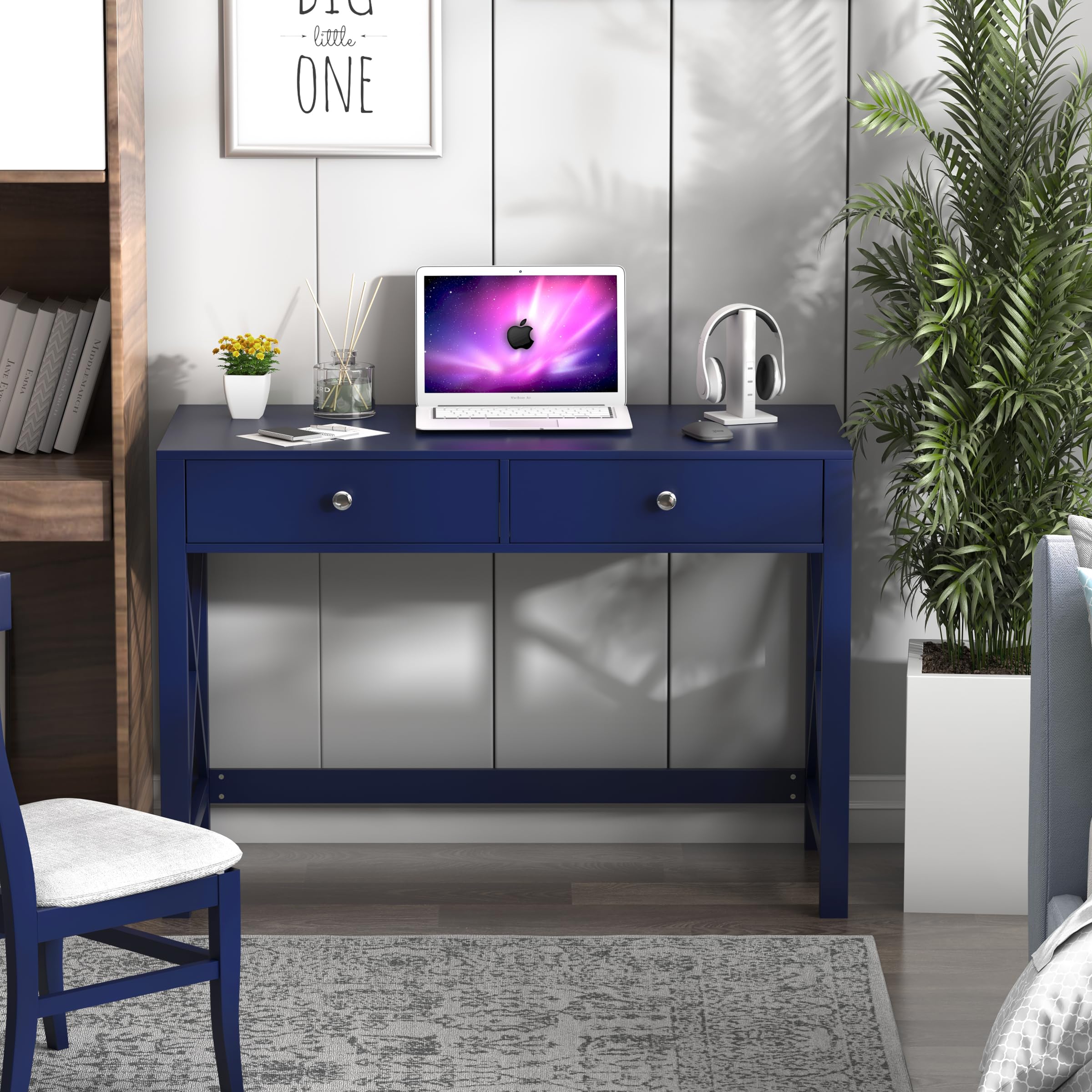 WiberWi Home Office Desk with Drawers, Modern Writing Computer Desk for Bedroom, Small Navy Makeup Vanity Table Desk for Girls, Study Table for Home Office