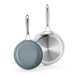 greenpan valencia pro tri-ply stainless steel 8” and 10” frying pan skillet set, healthy ceramic nonstick pfas-free pfoa-free coating, multi clad cookware, induction, dishwasher oven and broiler safe