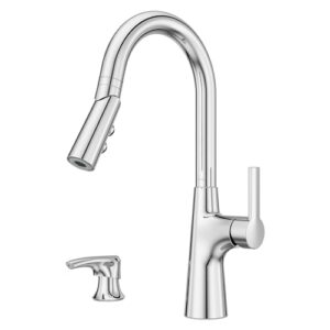 pfister tasso kitchen faucet with pull down sprayer and soap dispenser, single handle, high arc, polished chrome finish, f5297tsoc