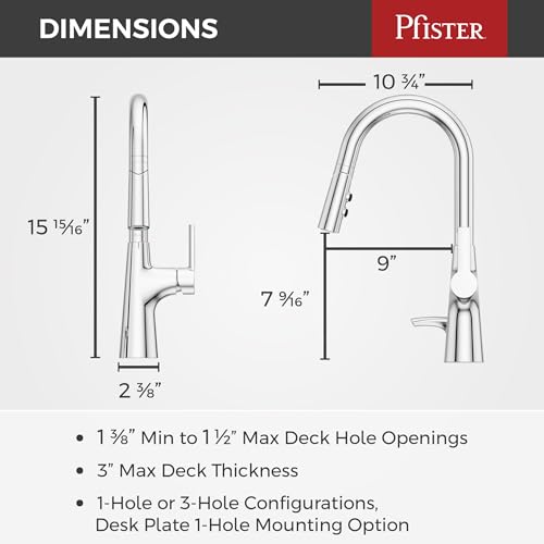 Pfister Tasso Kitchen Faucet with Pull Down Sprayer and Soap Dispenser, Single Handle, High Arc, Polished Chrome Finish, F5297TSOC