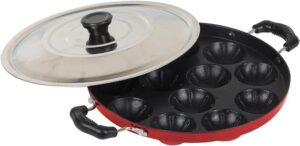 kashviya heavy 12 cavities non stick appam patra with stainless lid,red (paniyarrakal/paniyaram/appam pan/maker/pan cake maker), aluminium (large black)(gas compatible)