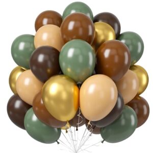 green and brown balloons, 60 pcs sage green gold brown latex balloons woodland camo army olive green dark brown coffee nude gold party balloon for jungle safari woodland hunting birthday decorations