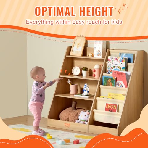 VEVOR Wooden Kids Bookshelf 4-Tier, Toy Storage Organizer for Toddler, Book Shelf for Kids Rooms with 6-Layer Sling Book Rack, Baby Book Storage Shelves for Kids Room, Playroom, Kindergarten, Nursery